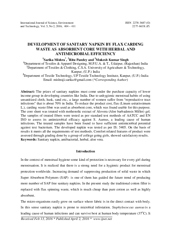 (PDF) Development of Sanitary Napkin by Flax Carding Waste as Absorbent ...