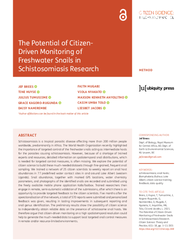 (PDF) The Potential of Citizen-Driven Monitoring of Freshwater Snails in Schistosomiasis Research