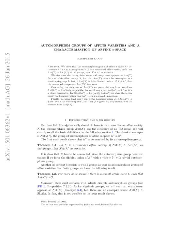 (PDF) Automorphism groups of affine varieties and a characterization of affine $n$-space