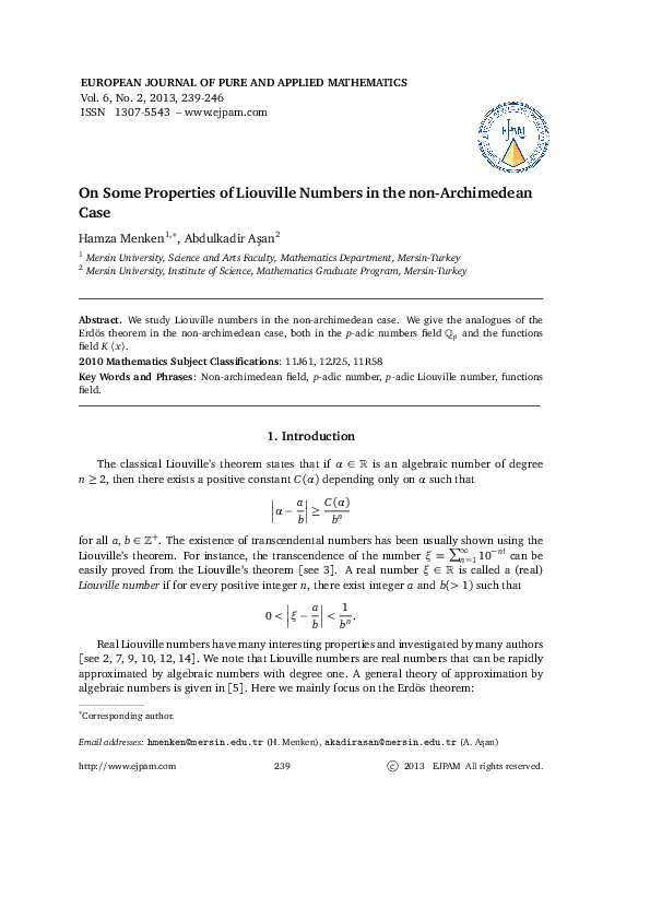 (PDF) On Some Properties of Liouville Numbers in the non-Archimedean Case
