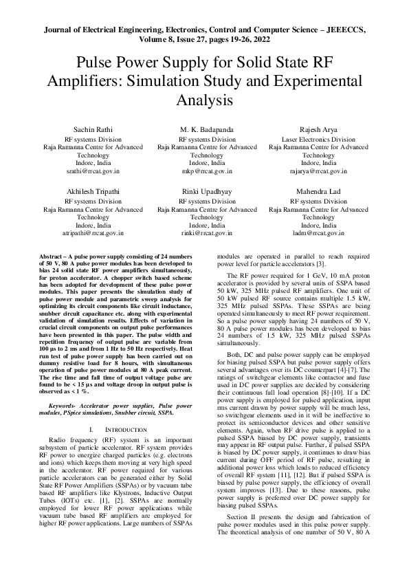 (PDF) Pulse Power Supply for Solid State RF Amplifiers: Simulation Study and Experimental Analysis