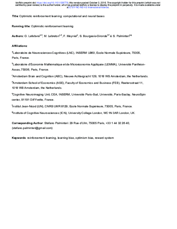 (PDF) Optimistic reinforcement learning: computational and neural bases | Sacha Bourgeois ...