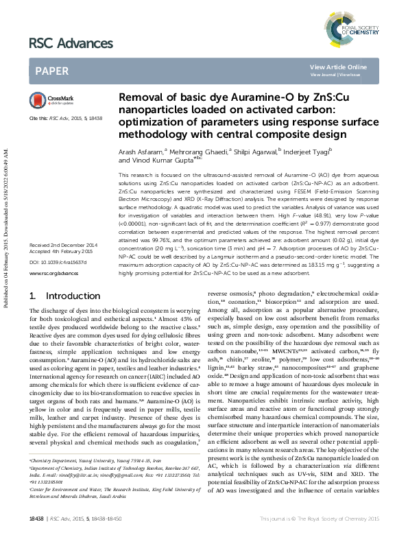 (PDF) Removal of basic dye Auramine-O by ZnS:Cu nanoparticles loaded on activated carbon ...
