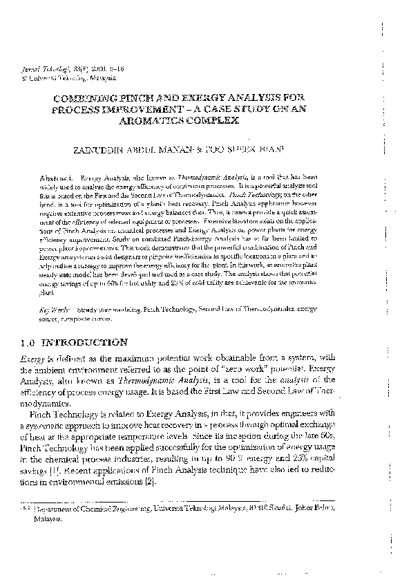 (PDF) Combining pinch and energy analysis for process improvement-a case study on an aromatics ...