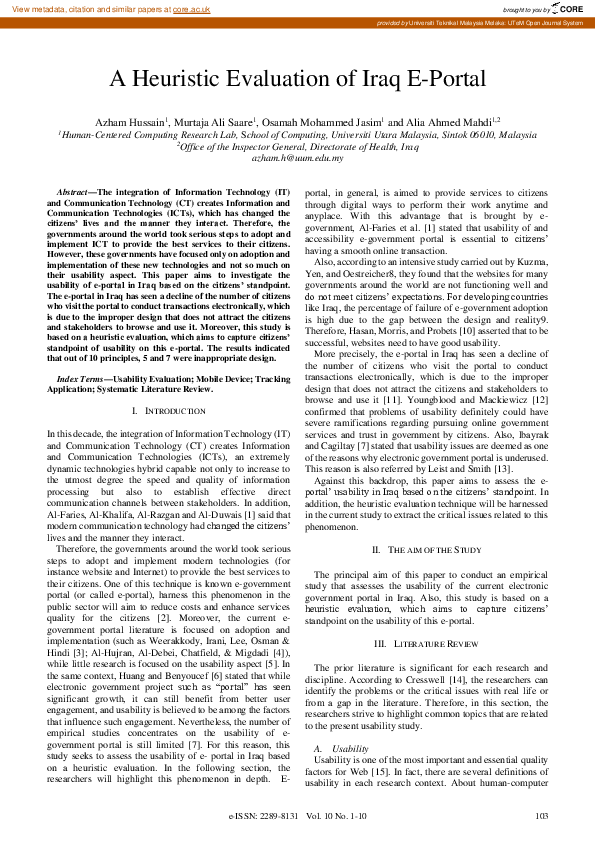 (PDF) A Heuristic Evaluation of Iraq E-Portal