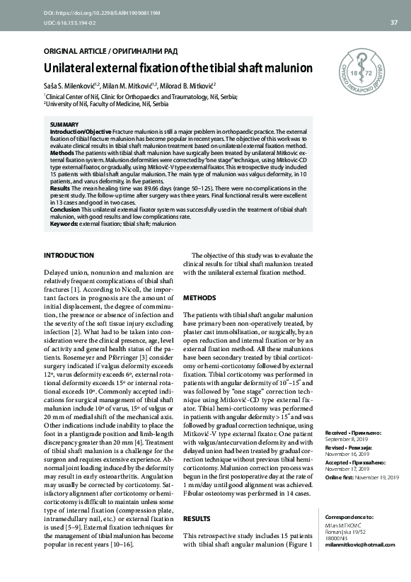 (PDF) External skeletal fixation of the tibial shaft fractures