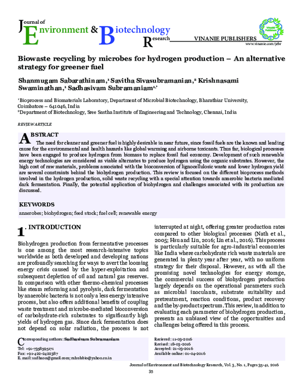 (PDF) Biowaste recycling by microbes for hydrogen production - An ...