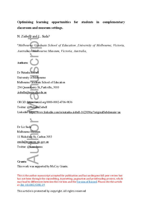 (PDF) Optimising learning opportunities for students in complementary classroom and museum settings
