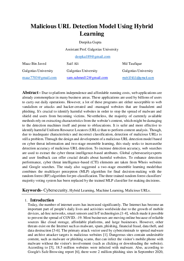 (PDF) Malicious URL Detection Model Using Hybrid Learning