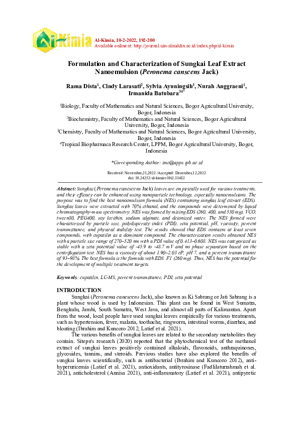 (PDF) Formulation and Characterization of Sungkai Leaf Extract Nanoemulsion