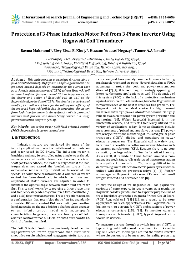 Pdf Protection Of 3 Phase Induction Motor Fed From 3 Phase Inverter Using Rogowski Coil Transducer