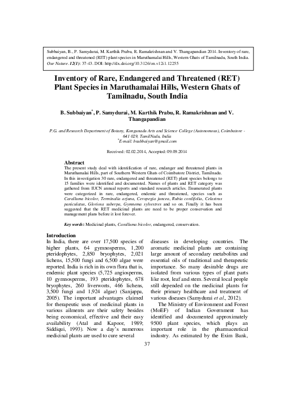 (PDF) Inventory of Rare, Endangered and Threatened (RET) Plant Species ...