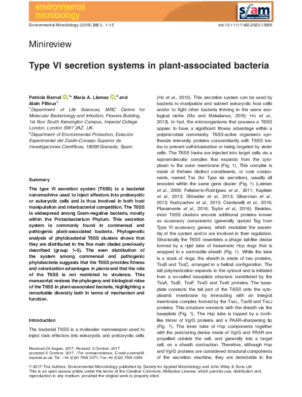 (PDF) Type VI secretion systems in plant‐associated bacteria