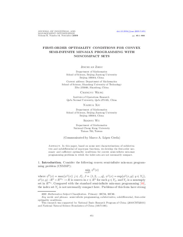 Pdf First Order Optimality Conditions For Convex Semi Infinite Min