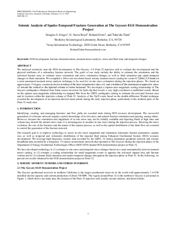 (PDF) Seismic Analysis of Spatio-Temporal Fracture Generation During EGS Resource Development