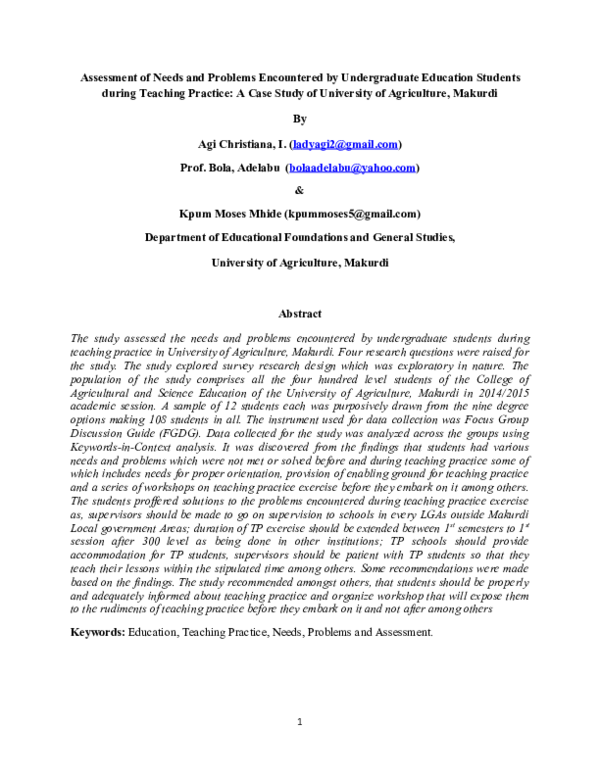 (DOC) Assessment of Needs and Problems Encountered by Undergraduate ...