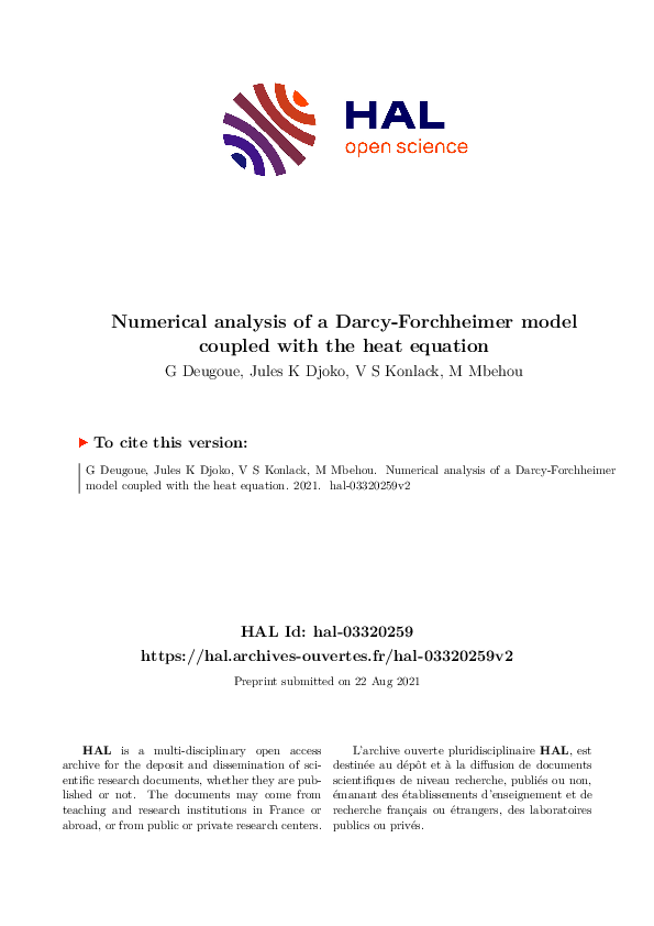 (PDF) Numerical Analysis of a Darcy-Forchheimer Model Coupled with the ...