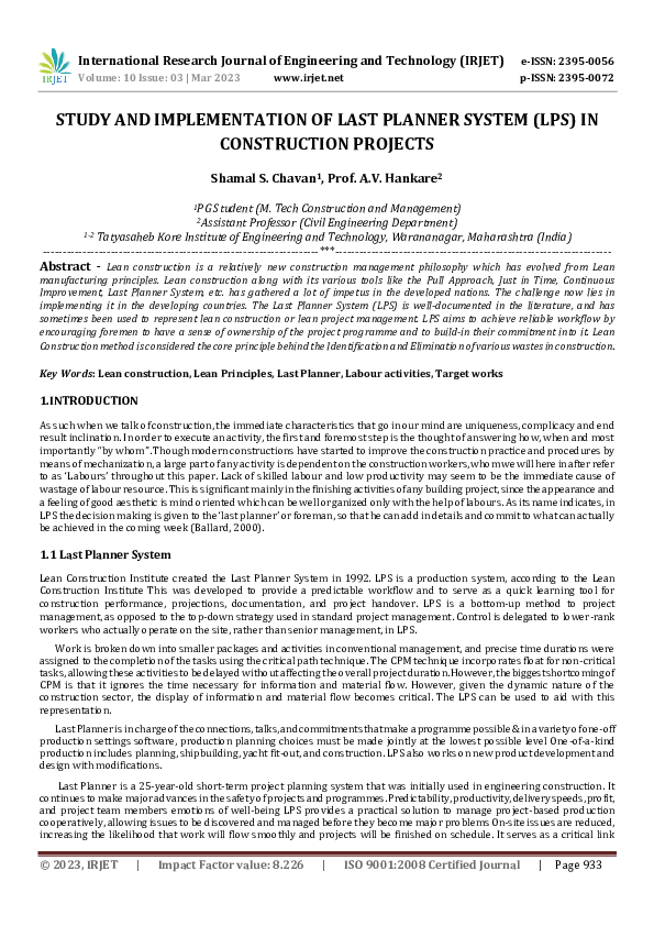 (PDF) STUDY AND IMPLEMENTATION OF LAST PLANNER SYSTEM (LPS) IN ...