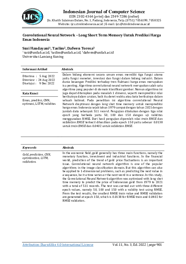 (PDF) Convolutional Neural Network – Long Short Term Memory Untuk Prediksi Harga Emas Indonesia