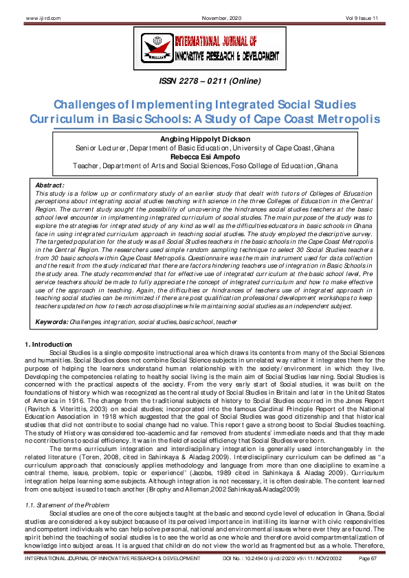 (PDF) Challenges of Implementing Integrated Social Studies Curriculum in Basic Schools: A Study ...