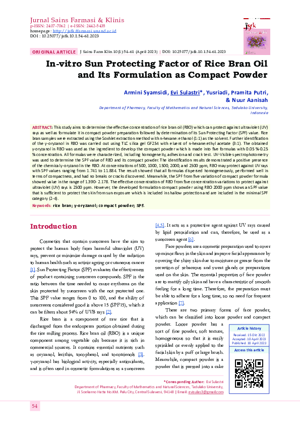 (PDF) In-vitro Sun Protecting Factor of Rice Bran Oil and Its Formulation as Compact Powder