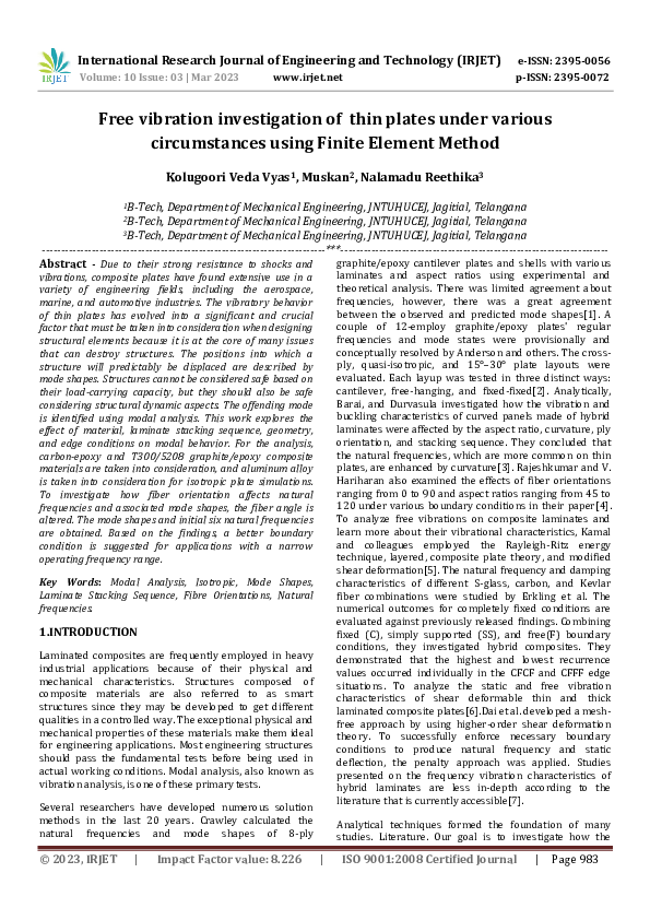 Pdf Free Vibration Investigation Of Thin Plates Under Various