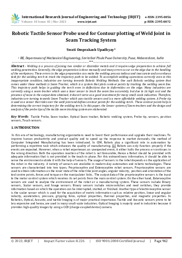 (PDF) Robotic Tactile Sensor Probe used for Contour plotting of Weld Joint in Seam Tracking System