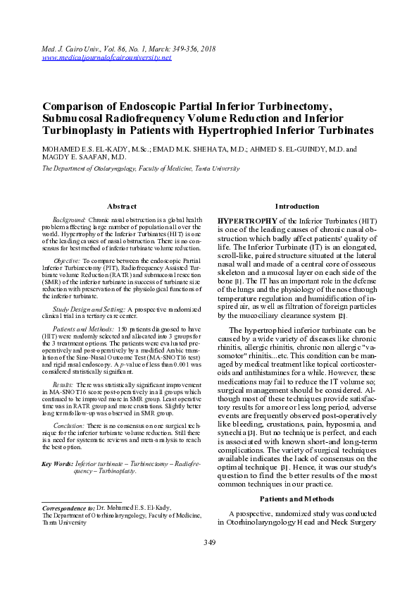 (PDF) Comparison of Endoscopic Partial Inferior Turbinectomy, Submucosal Radiofrequency Volume ...