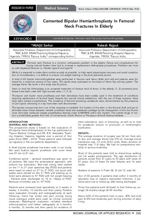 (PDF) Cemented Bipolar Hemiarthroplasty in Femoral Neck Fractures in ...