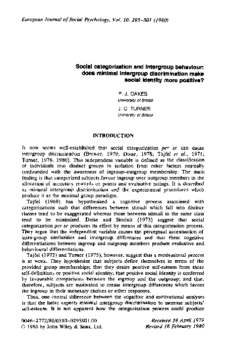(PDF) Social categorization and intergroup behaviour