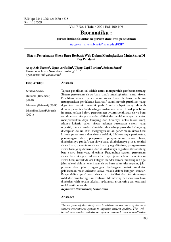 (PDF) Sistem Penerimaan Siswa Baru Berbasis Web Dalam Meningkatkan Mutu Siswa Di Era Pandemi ...