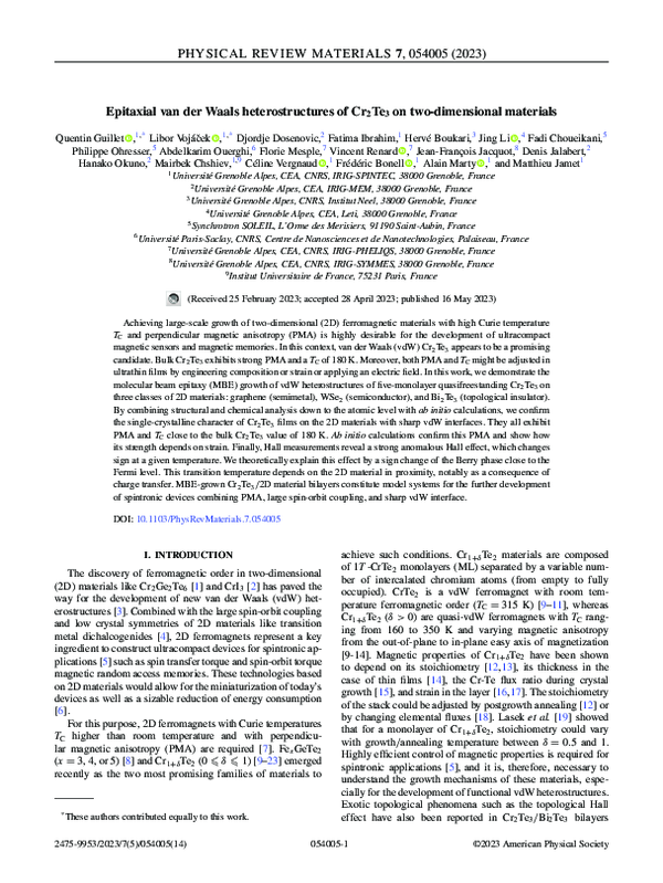 (PDF) Epitaxial van der Waals heterostructures of Cr2Te3 on two ...