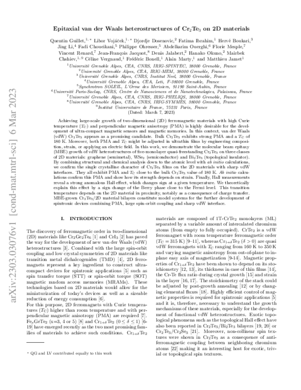(PDF) Epitaxial van der Waals heterostructures of Cr2Te3 on 2D materials