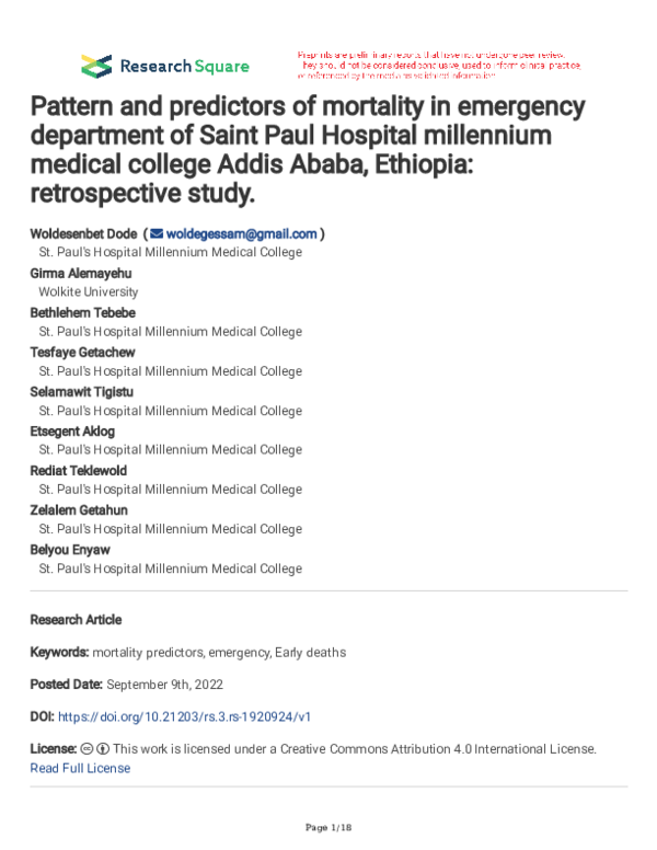 Pdf Pattern And Predictors Of Mortality In Emergency Department Of