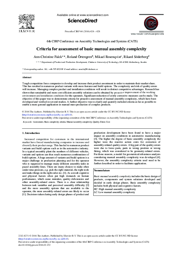 (PDF) Criteria for Assessment of Basic Manual Assembly Complexity