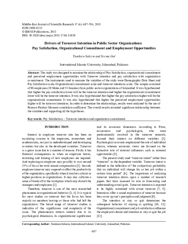 (PDF) The Effect of Pay Satisfaction on Turnover Intention: Mediating Role of Job Satisfaction ...