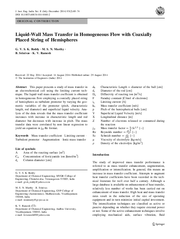 (PDF) Liquid-Wall Mass Transfer in Homogeneous Flow with Coaxially ...