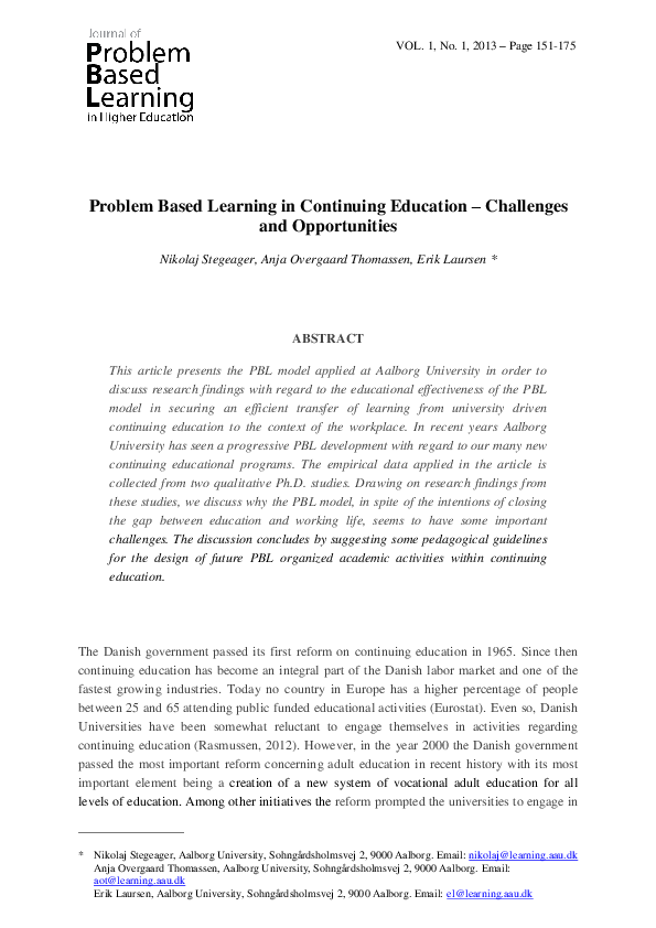 (PDF) Problem Based Learning in Continuing Education – Challenges and Opportunities