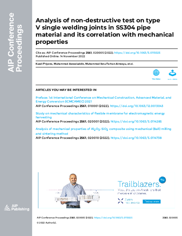 Pdf Analysis Of Non Destructive Test On Type V Single Welding Joints In Ss304 Pipe Material