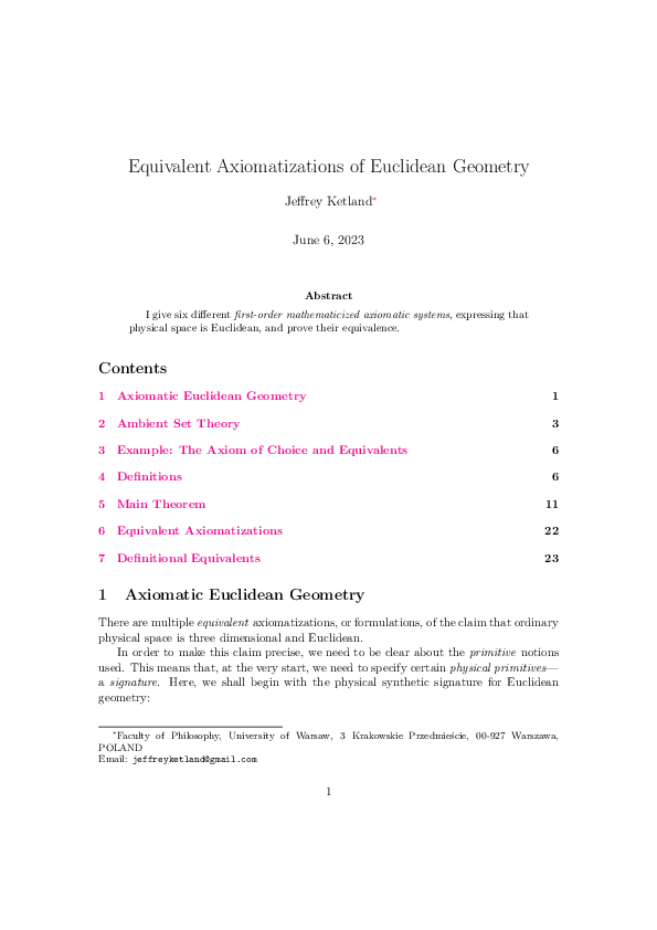 (PDF) Equivalent Axiomatizations of Euclidean Geometry