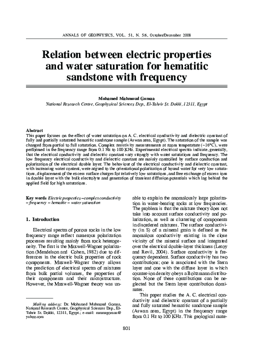 (PDF) Relation between electric properties and water saturation for ...