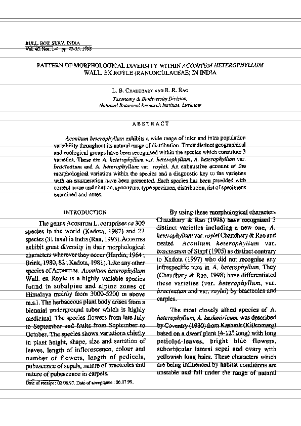 (PDF) Patfern of Morphological Diversity within Aconitum heterophyllum ...