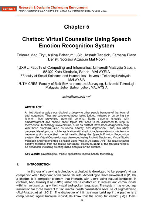 (PDF) Chatbot: Virtual Counsellor Using Speech Emotion Recognition System