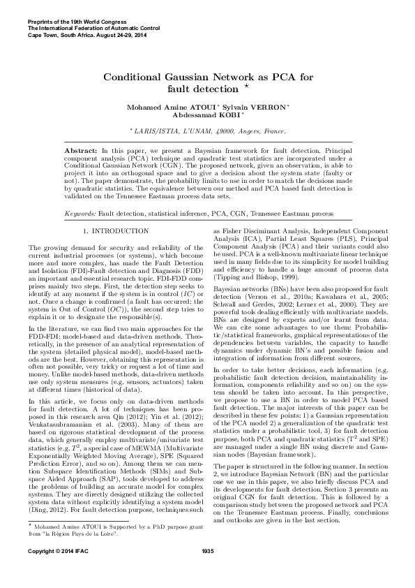(PDF) Conditional Gaussian Network as PCA for fault detection | A. Kobi - Academia.edu