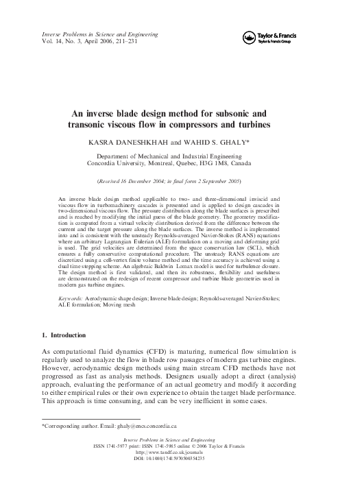 (PDF) An inverse blade design method for subsonic and transonic viscous flow in compressors and ...
