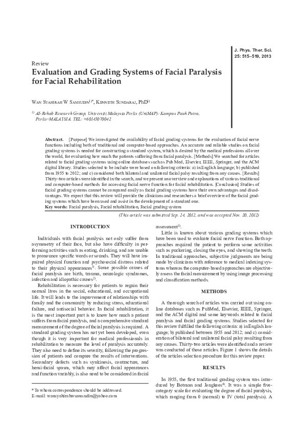 (PDF) Evaluation and Grading Systems of Facial Paralysis for Facial ...