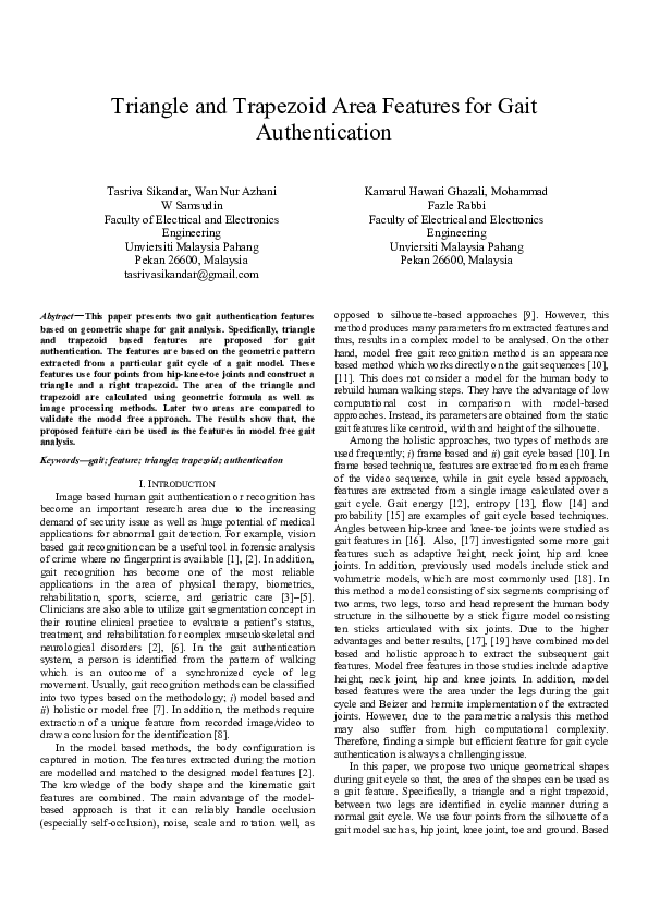 (PDF) Triangle and Trapezoid Area Features for Gait Authentication