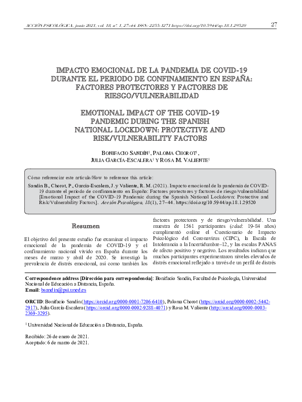 (PDF) Impacto emocional de la pandemia de COVID-19 durante el periodo ...