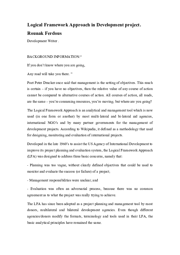 (DOC) Logical Framework Approach in Development project. (DOC) Logical Framework Approach in Development project.