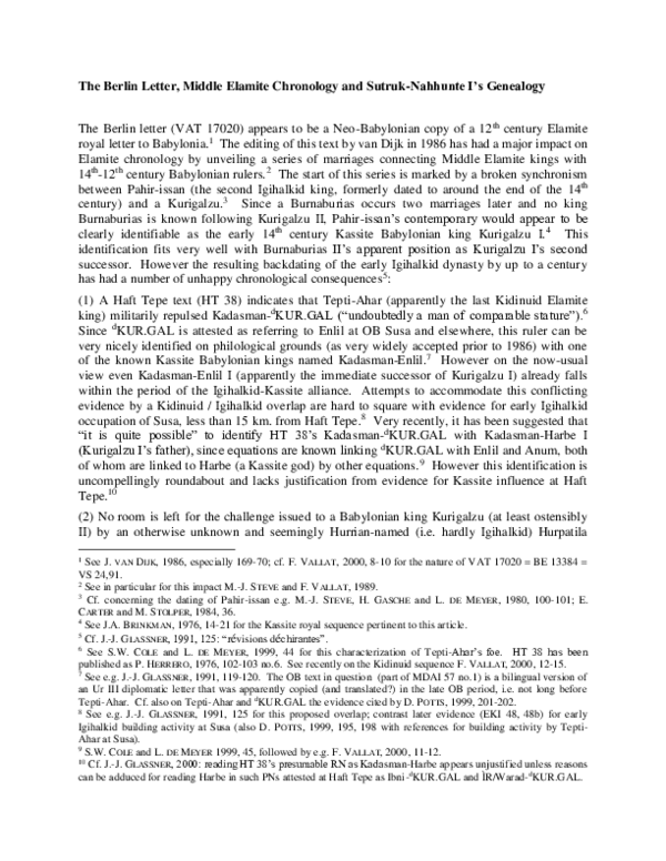 (PDF) The Berlin Letter, Middle Elamite Chronology and Sutruk-Nahhunte ...